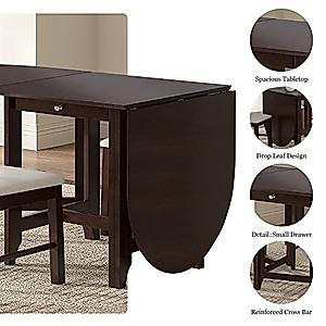 Yoglad Retro Drop-Leaf Table Rustic Rubber Wood Dining Table with Spacious Tabletop and Small Drawer Space Saving Kitchen Table for Kitchen Dining Room (Dark Brown)