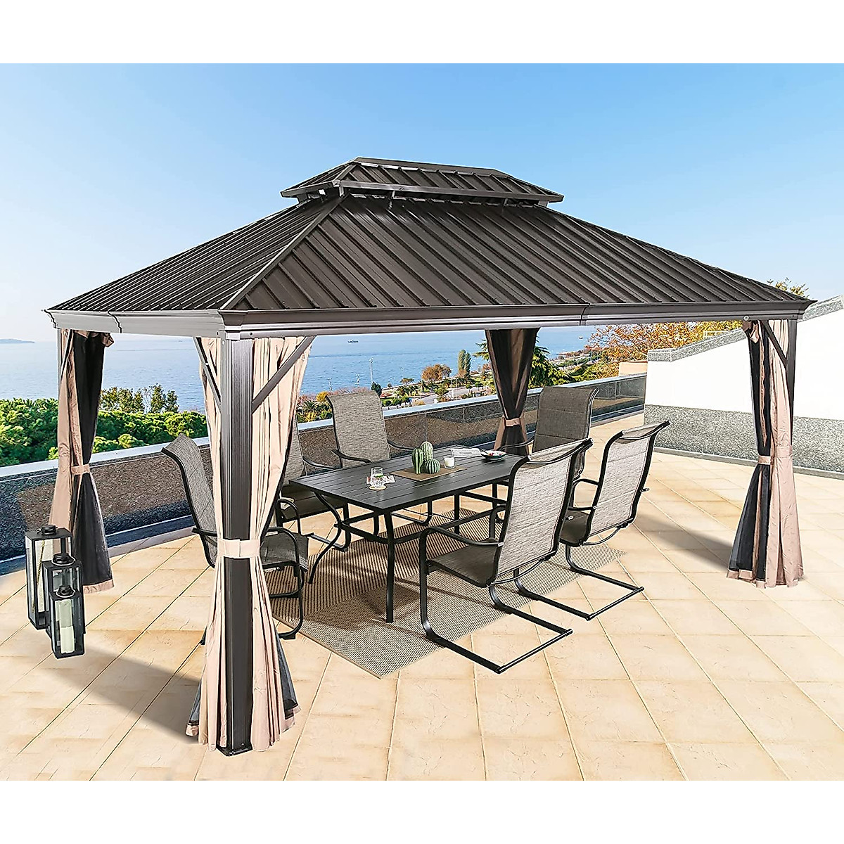 Patio Tree 10' x 12' Patio Gazebo Non-Rust Aluminum Outdoor Hardtop Permanent Pergola Shelter Tent with Galvanized Steel Canopy Roof, Mosquito Netting and Privacy Curtain