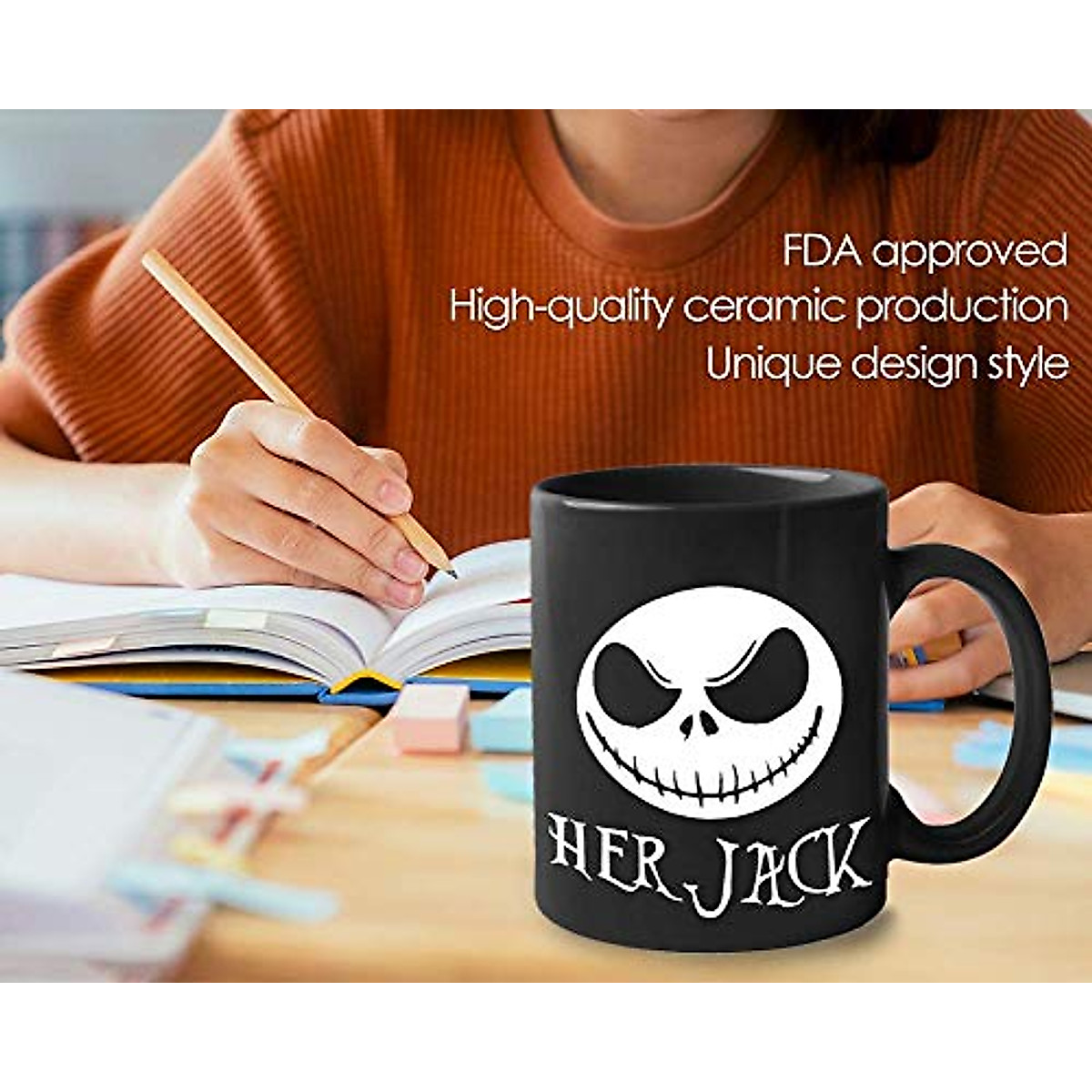 Bubble Hugs Halloween Coffee Mug - Her Jack - Witch Pumpkin Creepy Skull Scary Monster Nightmare Before Christmas Zombie Trick Or Treat Sally Skellington