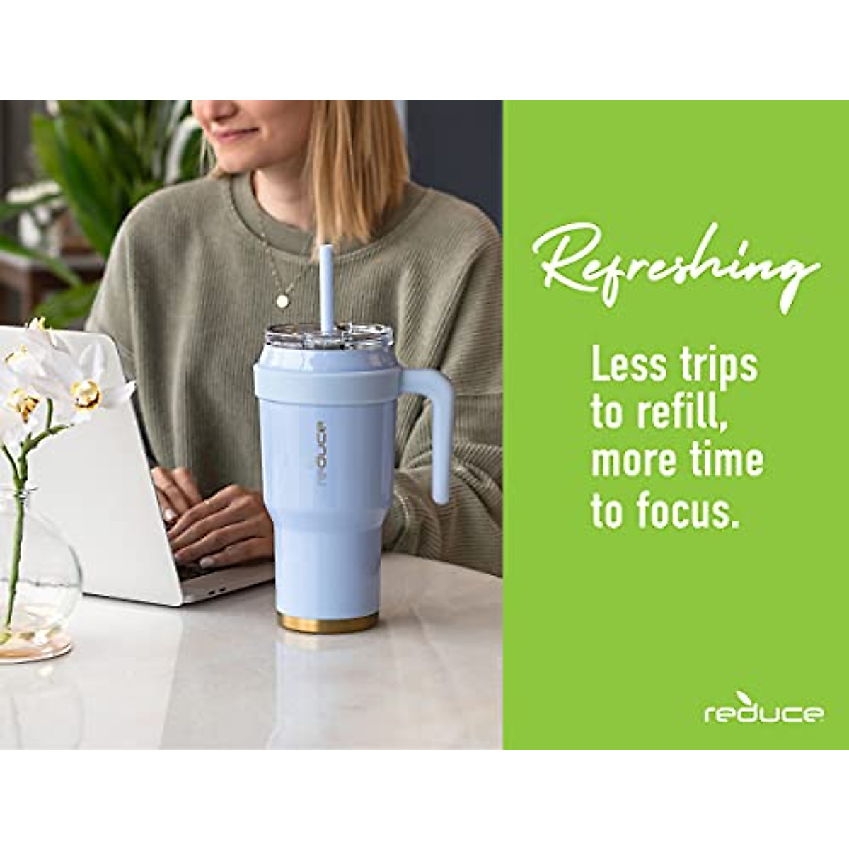 Reduce 40 oz Tumbler with Handle and Straw, Stainless Steel with Sip-It-Your-Way Lid - Keeps Drinks Cold up to 34 Hours - Sweat Proof, Dishwasher Safe, BPA Free - Stainless Steel Mug