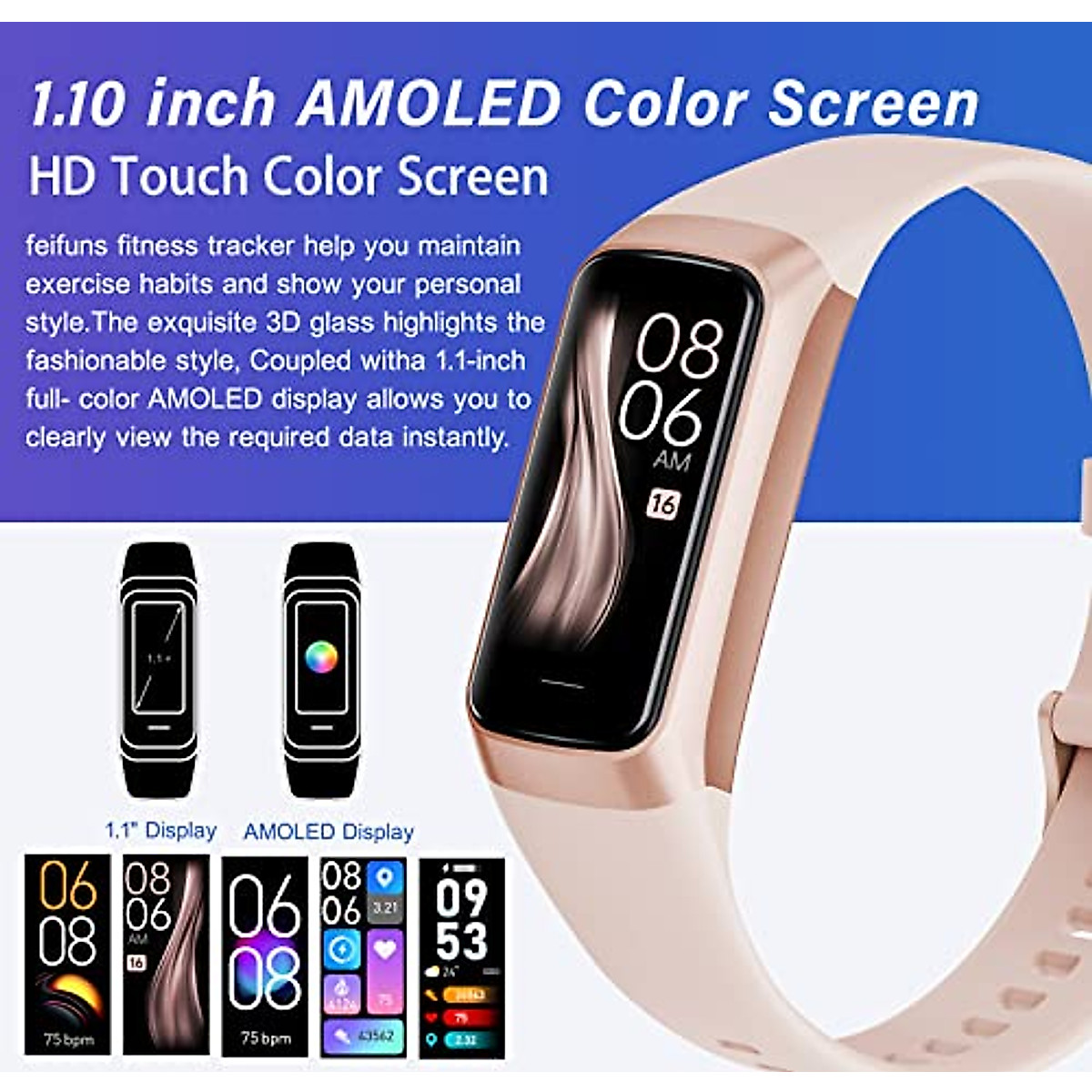 Slim Fitness Tracker for Women Men, 1.1" AMOLED Screen Fitness Watch, 24/7 Heart Rate /Blood Pressure /SpO2 /Sleep Monitor, 5 ATM Waterproof Step Calorie Counter Sports Band for iOS Android