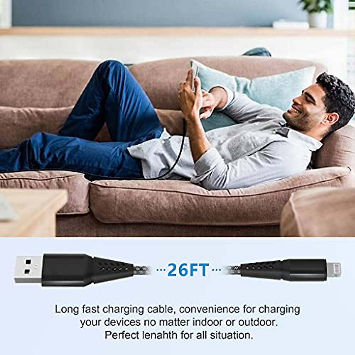 Long iPhone Charger Cord 26FT/8M [Apple MFi Certified] Extra Long iPhone Cable Fast Apple Charger Cable Nylon Braided 2.4A USB Lightning Cable for iPhone 14 13 12 11 Pro X XS Max XR