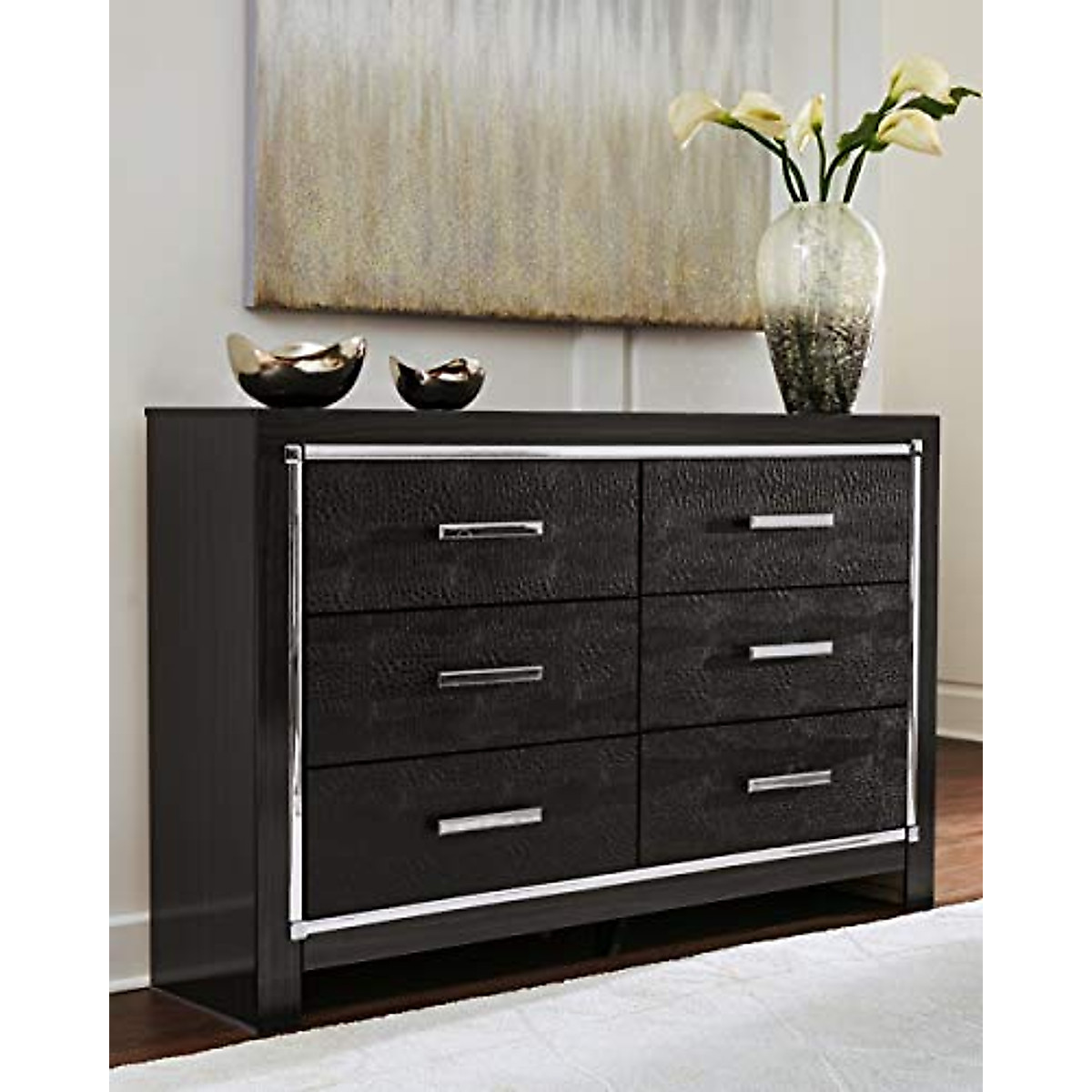 Signature Design by Ashley Kaydell Glam 6 Drawer Dresser with Faux Alligator Panels & Chrome-Tone Accents, Black