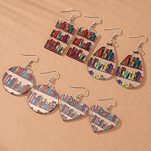 4 Pairs Bookcase Earrings for Women,Graduation Gift for Schoolmates Friends and Teacher,Teachers'Day Gift