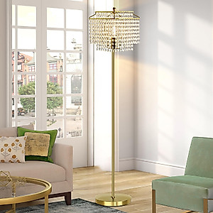Luvkczc Crystal Floor Lamp Gold, Double-Layer Lampshade, Elegant Standing Lamp, Bedroom Standing Lights, Tall Standing Lamps for Living Room, Bedroom, Office, 8W LED Bulb Included