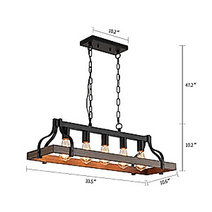 MEIXISUE Rustic Kitchen Island Dining Room Light Fixture Farmhouse Linear Chandelier Black and Retro Wood Finish 5-Light Industrial Metal Hanging Pendant Light UL Listed L33.5 W10.6