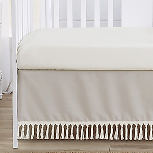 Sweet Jojo Designs Boho Bohemian Baby Boy Girl Nursery Crib Bedding Set - 4 pcs - Solid Taupe Beige Ivory Cream Off White Linen Farmhouse Shabby Chic Designer Modern Minimalist Tufted Tassel Macrame