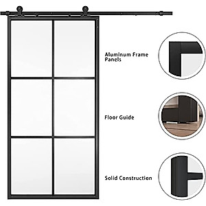BARNSMITH 42in x 84in Frosted Glass Barn Door with 7FT Top Mounted Hardware kit Soft Close Mechanism DIY 6 Lites Tempered Glass Modern Aluminum Sliding Door Disassembled Easy Installation KDA03