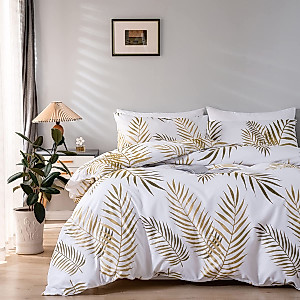 Megsv Leaves Duvet Cover Set Golden Tropical Leaf Comforter Cover with Pillow Sham Soft Bedding Set No Comforter (King)