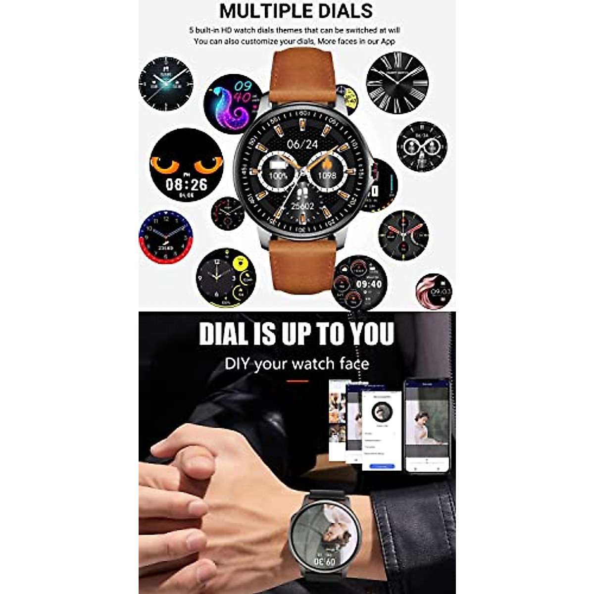 HOAIYO Smart Watches for Men (Call Receive/Dial), 1.3" Smartwatch with Call/Text/Heart Rate/SpO2/Sleep/Calories Counter, Waterproof Fitness Watch for Android iOS Phones