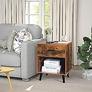 Quimoo Nightstand Set of 2 with Charging Station. Bedside Table with 1 Drawer and 1 Open Storage Space for Bedroom, Rustic Brown