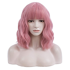 Netgo Pink Wig for Women, Short Pink Wig with Bangs, Natural Wavy Wigs Heat Resistant Synthetic Womens Wigs Daily Party Cosplay Wig