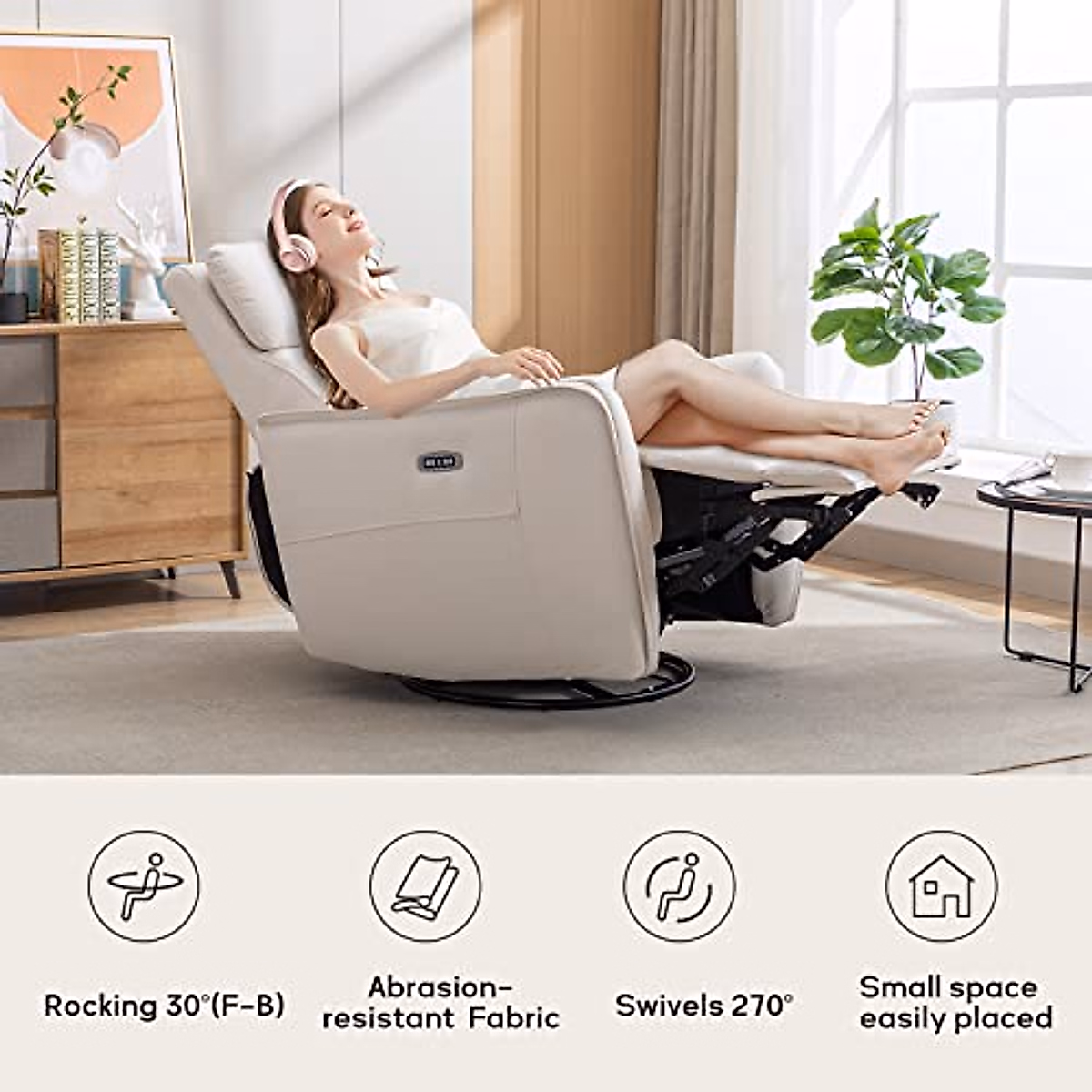 ANJ Power Swivel Rocker Recliner Chair, Electric Glider Reclining Sofa with USB Ports, Leathaire Rocking Chair Nursery Recliners for Living Room (White)