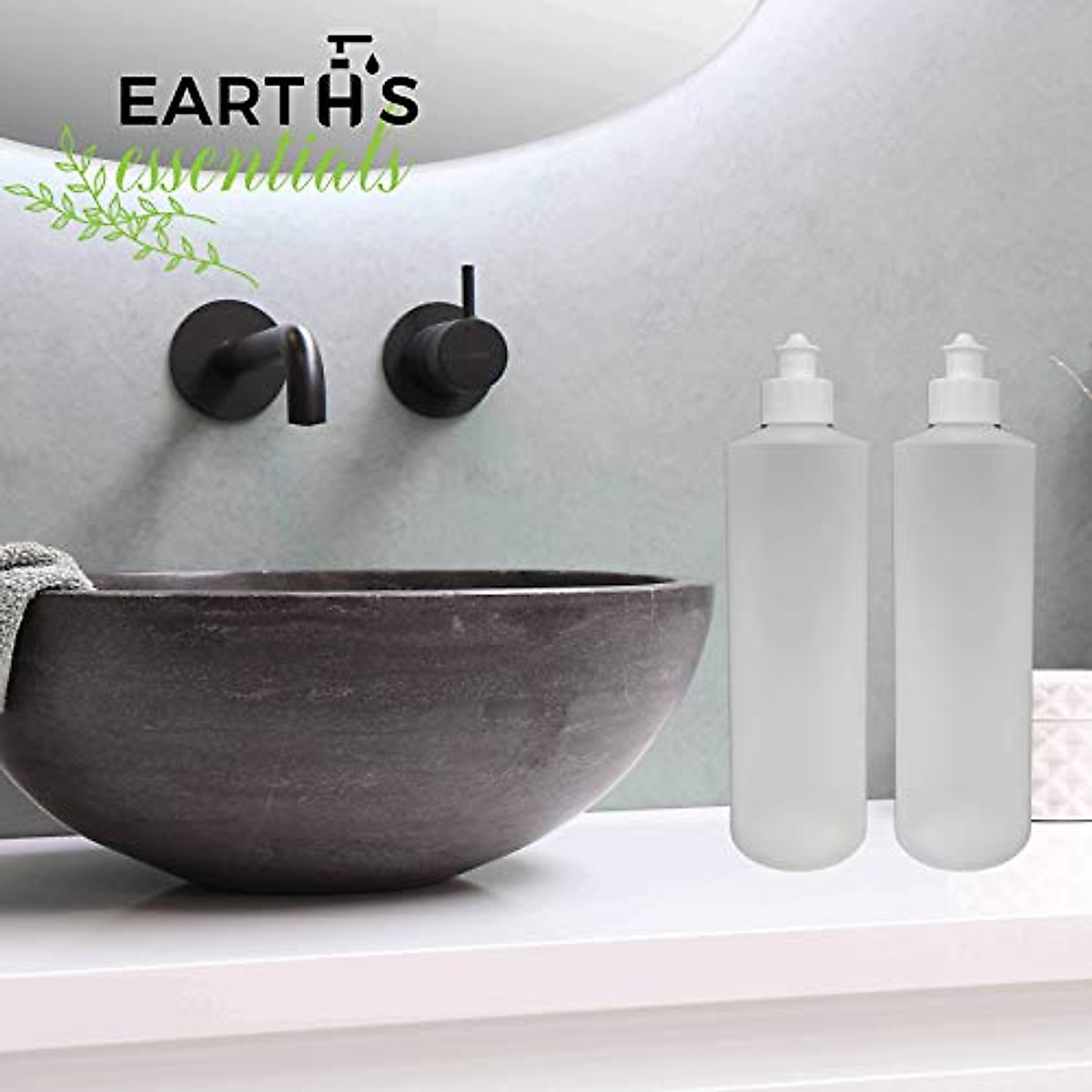 2 Pack Refillable 16 Ounce HDPE Squeeze Bottles With Push/Pull Button Top Dispenser Caps-Great For Lotions, Shampoos, Conditioners and Massage Oils From Earth's Essentials (White Cap)