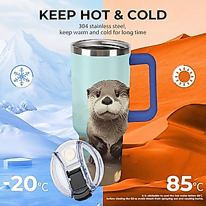 LLUTSNTH 40 Oz Vacuum Tumbler with Deep Blue Handle Leakproof Insulated Tumbler Cute Otter Stainless Steel Travel Mug with Lid And Straw Coffee Cup Cute Water Bottles Cup Holder Friendly