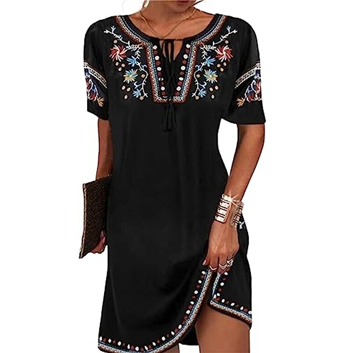 Melliflo Short Sleeve Mexican Dress for Women Tie Front V Neck Floral Midi Dress Fiesta Dresses(V Black. Medium)