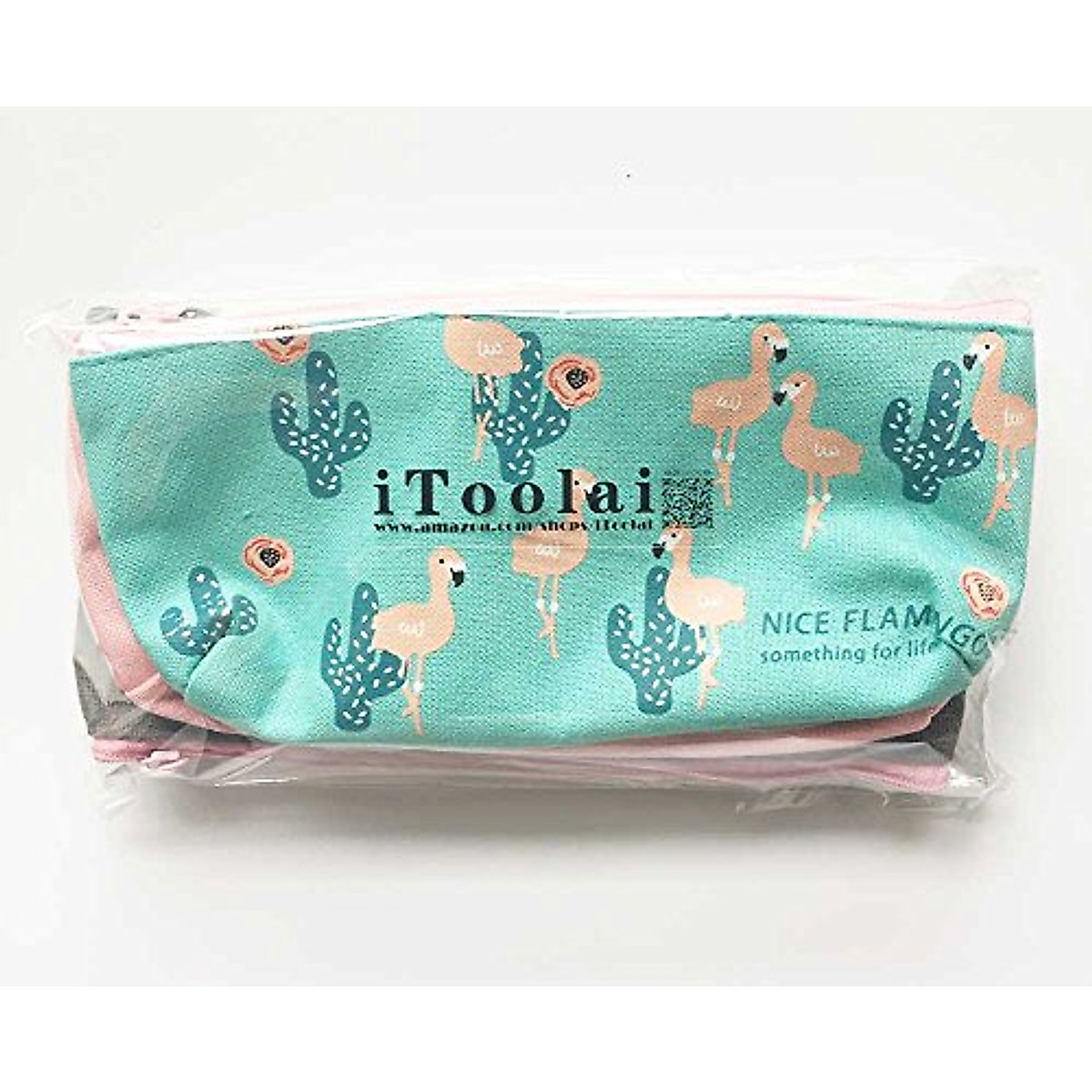 iToolai Canvas Pen Pencil Case Bag Zipper Travel Pouch Cosmetic Bags (Pack of 4, Flamingo and Cactus)