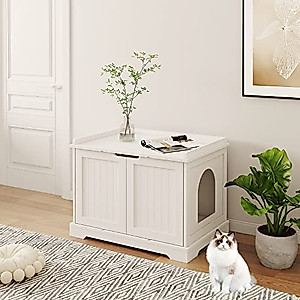 HOME BI Cat Litter Box Enclosure, Cat Litter Box Furniture Hidden, Cat Washroom Storage Bench, Pet Crate Furniture, Modern Wooden Cat Litter Cabinet, Cat Home, Kitty Hideaway (White, 023)