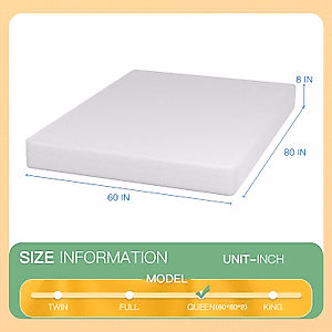 PayLessHere 8 inch Memory Foam Mattress Cooling Gel Green Tea Infused Mattress,Fiberglass Free,CertiPUR-US Certified,Breathable Bed Mattress for Cooler Sleep Supportive,White Queen