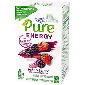 Crystal Light Pure Energy Mixed Berry Drink Mix with Caffeine, 48 ct Pack, 8 Boxes of 6 Packets