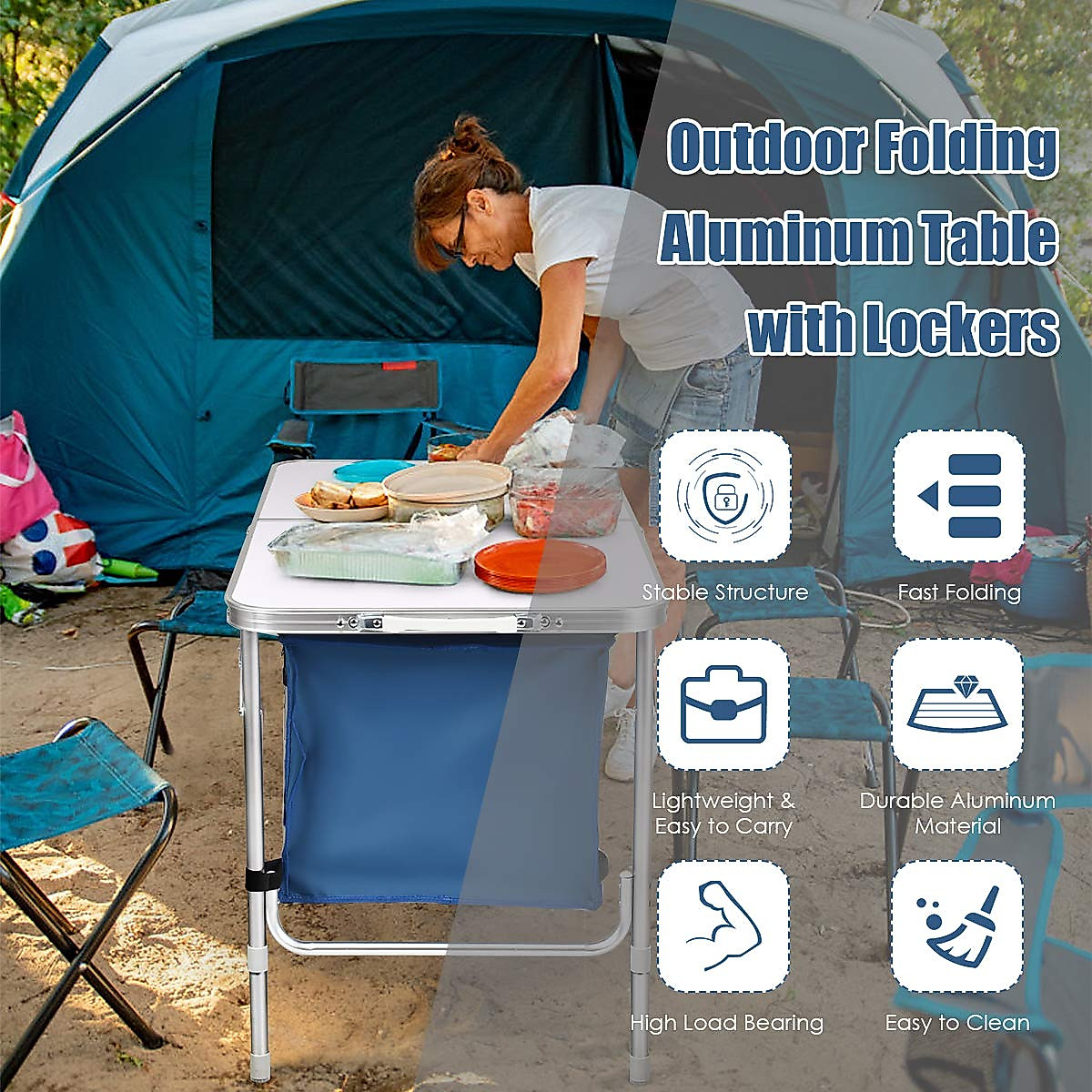 Goplus Folding Camping Table with Storage, Aluminum Outdoor Camp Table with 2-Level Adjustable Height, Lightweight Portable Foldable Picnic Table for Tailgating Beach BBQ Party RV