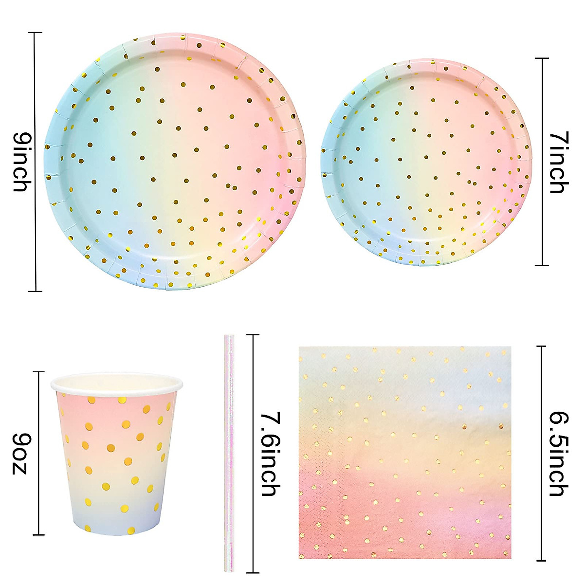 200 Pcs Pastel Party Decorations,Golden Dot Disposable Paper Plates Set,Pastel Plates and Napkins Party Supplies for Birthday Baby Shower Wedding Rainbow Party