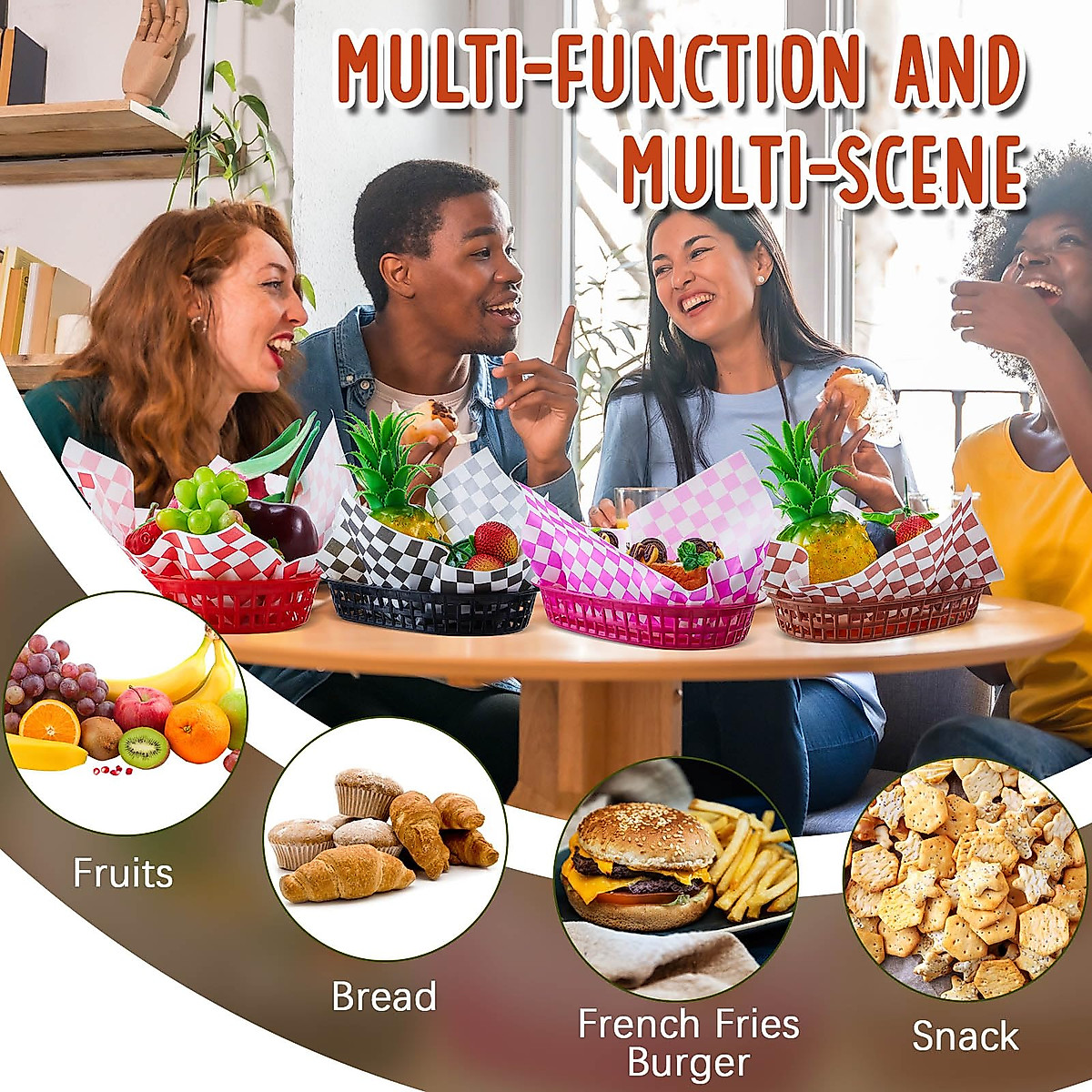 Tenceur 64 Pcs Fast Food Basket 400 Sheets Checkered Deli Liner Plastic Baskets for Food Basket Liners Plastic Food Trays with Parchment Paper for Restaurant Party Hot Dog Bread Burger, 8 Colors