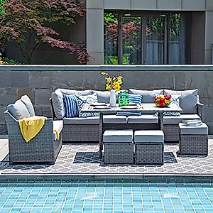Patiorama 7 Pieces Patio Furniture Set, All Weather Grey Wicker Rattan Conversation Set, Outdoor Dining Sectional Sofa Set, w/Table Chair Ottomans, Plastic Wood Top for Garden Pool Deck-Grey Cushion