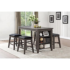 Pemberly Row Counter Height Bar Table with Storage Shelves, Rustic Pub Table for Kitchen and Dining Room, Farmhouse Dining Table in Distressed Gray (60" L x 30" W x 36" H)