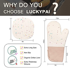 Silicone Oven Mitts and Pot Holders Sets, Heat Resistant Extra Long Silicone Oven Mittens with Hot Pads, Double Layer High Temperature Resistant Hot Pads and Oven Mitts Sets for Cooking, Grilling-Beig