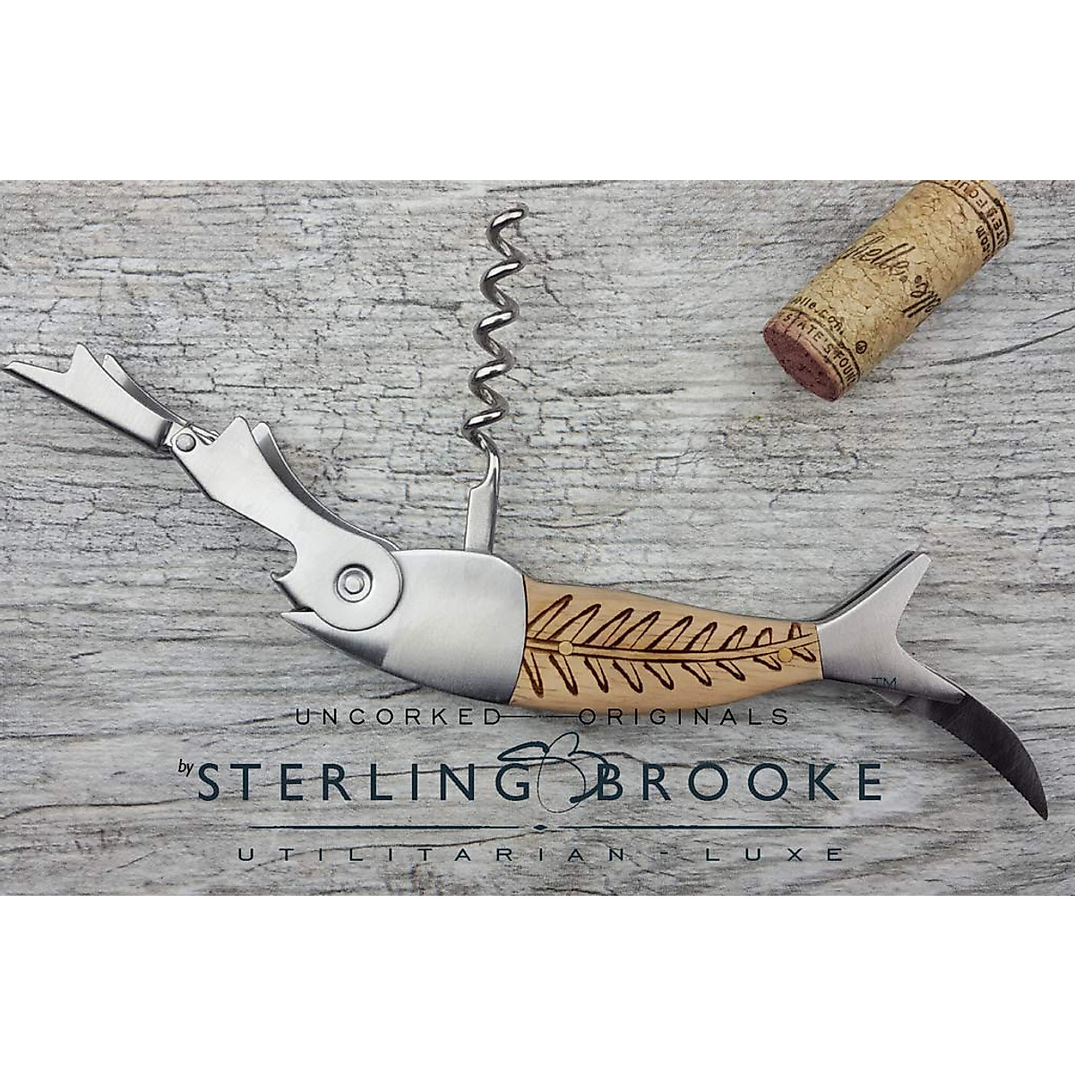 Sterling Brooke Wine Key, Stainless Steel with Wooden Handle Bones Design, Serrated Foil Cutter