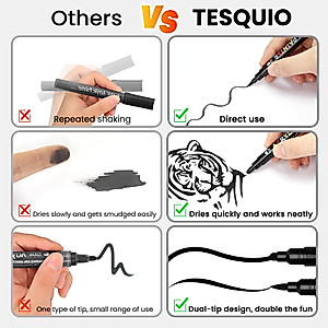 Tesquio Black and White Paint Marker, 8 Pack Dual Tip Acrylic Paint Pens with Medium Tip and Brush Tip, Ideal for Wood, Rock Painting, Canvas, Stone, Glass, Ceramic