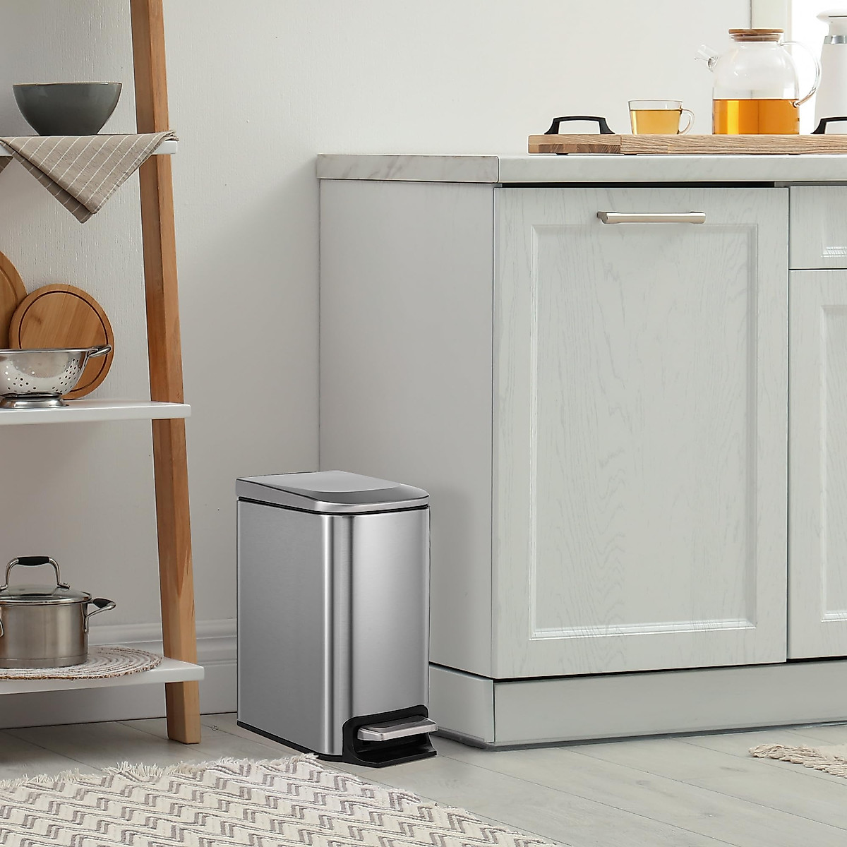 Nunsino Small Bathroom Trash Can with Lid Soft Close, 1.6 Gallon Stainless Steel Garbage Can with Pedal, Small Trash Bin for Bathroom, Kitchen, Home Office, Silver