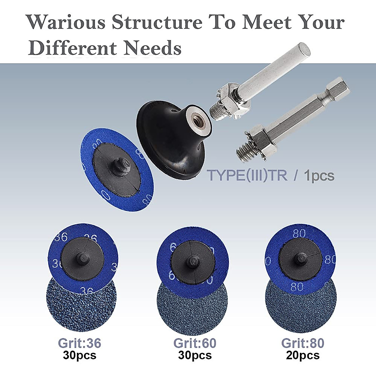 Tshya Roll Lock Disc, 80 Pcs 2 inch Die Grinder Sanding Discs with 1/4" Disc Holder, Zirconia Coated 36/60/80 Grit for Surface Prep