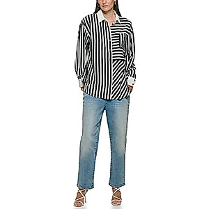 Karl Lagerfeld Paris Women's Soft Long Sleeve Stripe Everyday Fashion Sport Blouse, Black SFT White, Large