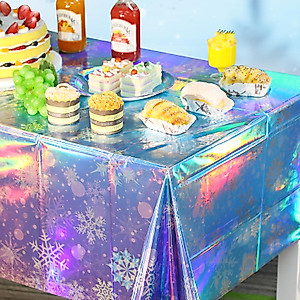 3 Pack Iridescent Winter Snowflake Plastic Tablecloth Decorations, Holographic Blue and Purple Snowflake Winter Wonderland Disposable Table Cover for Winter Holiday Birthday Decorations, 54x108 Inch