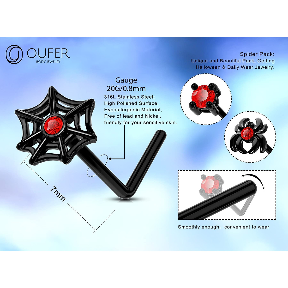 OUFER 20G Nose Ring Studs, 316L Stainless Steel L-Shaped Nose Rings, Spider L Bend Nose Screws, Nose Piercing Jewelry For Women Men