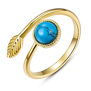 AVECON 14k Gold Plated Turquoise Feather Ring 925 Sterling Silver Adjustable Open Tree Leaf Bands Ring for Women