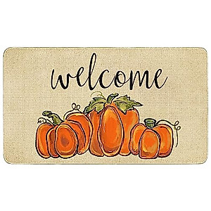 Faptoena Fall Door Mat Outside,Pumpkin Welcome Mat for Front Door,Thanksgiving Autumn Indoor Outdoor Non-Slip Rugs,Fall Doormat for Farmhouse Home Porch Decorations 30" x 17"