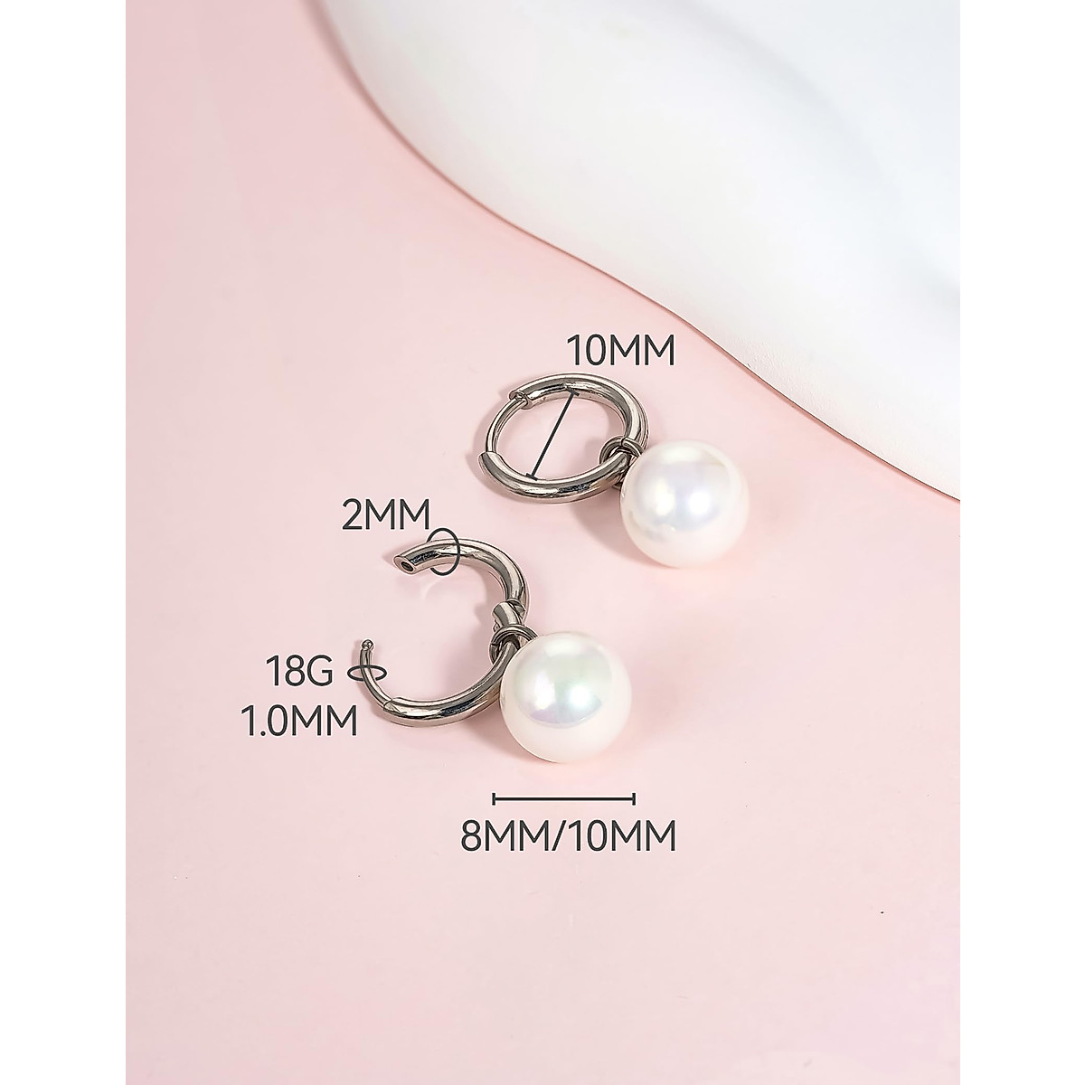 Limerencia Hypoallergenic Pure Titanium Post Lightweight Dangle Huggie Earrings for Women | Vertical Bar, Cross, Moon, Lightning | Dainty Earrings (10mm Pearl)