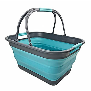 SAMMART 29L (7.6 Gallons) Collapsible Tub with Handle - Portable Outdoor Picnic Basket/Crater - Foldable Shopping Bag - Space Saving Storage Container (Grey/Crystal Blue)