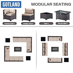 Gotland 15 Piece Outdoor Patio Furniture Set with Gas Fire Pit Table Sectional Sofa w/43in Propane Pit, 55,000 BTU Auto-Ignition Firepit w/Glass Wind Guard