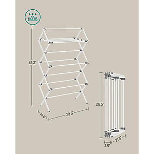 SONGMICS Foldable Clothes Drying Rack, Laundry Drying Rack, Clothes Airer, Steel Frame, 14.6 x 29.5 x 53.2 Inches, Easy Assembly, Indoor Outdoor Use, White ULLR770W01
