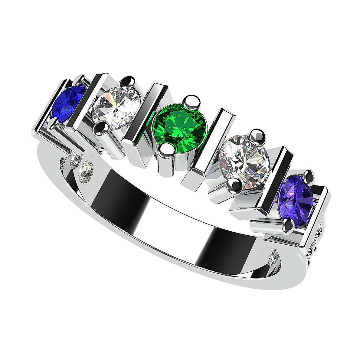 Central Diamond Center Straight Bar w/Side CZs Mothers Ring with 1-6 Simulated Birthstones - Solid Sterling Silver - Size 8
