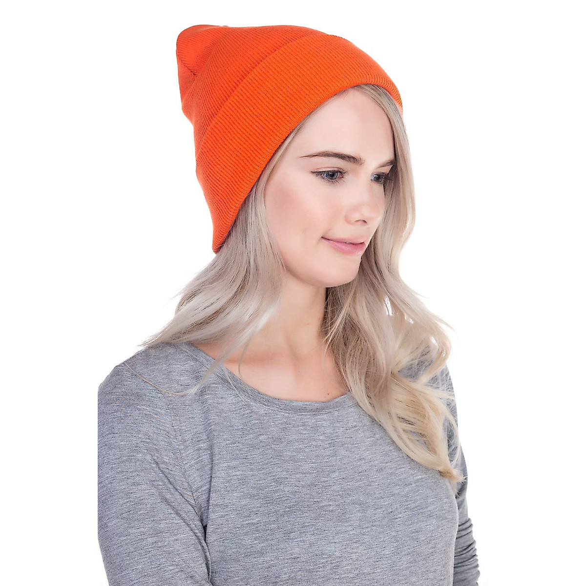Top Level Unisex Cuffed Plain Skull Beanie Toboggan Knit Hat/Cap, Orange