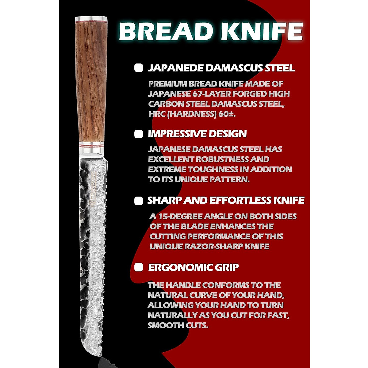 YOUSUNLONG Bread Knives 8 inch Serrated bread knife - Japanese Damascus Steel Natural Walnut Wood Handle - Cut bread, baguette, butter