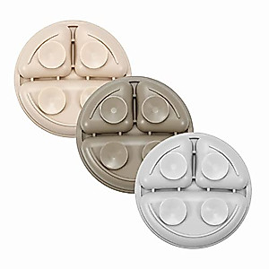 PandaEar Silicone Suction Plates for Babies & Toddlers, 3 Pack Divided Unbreakable Plates with Lid - Non-Slip - Dishwasher and Microwave Safe (Creamy Grey Brown)