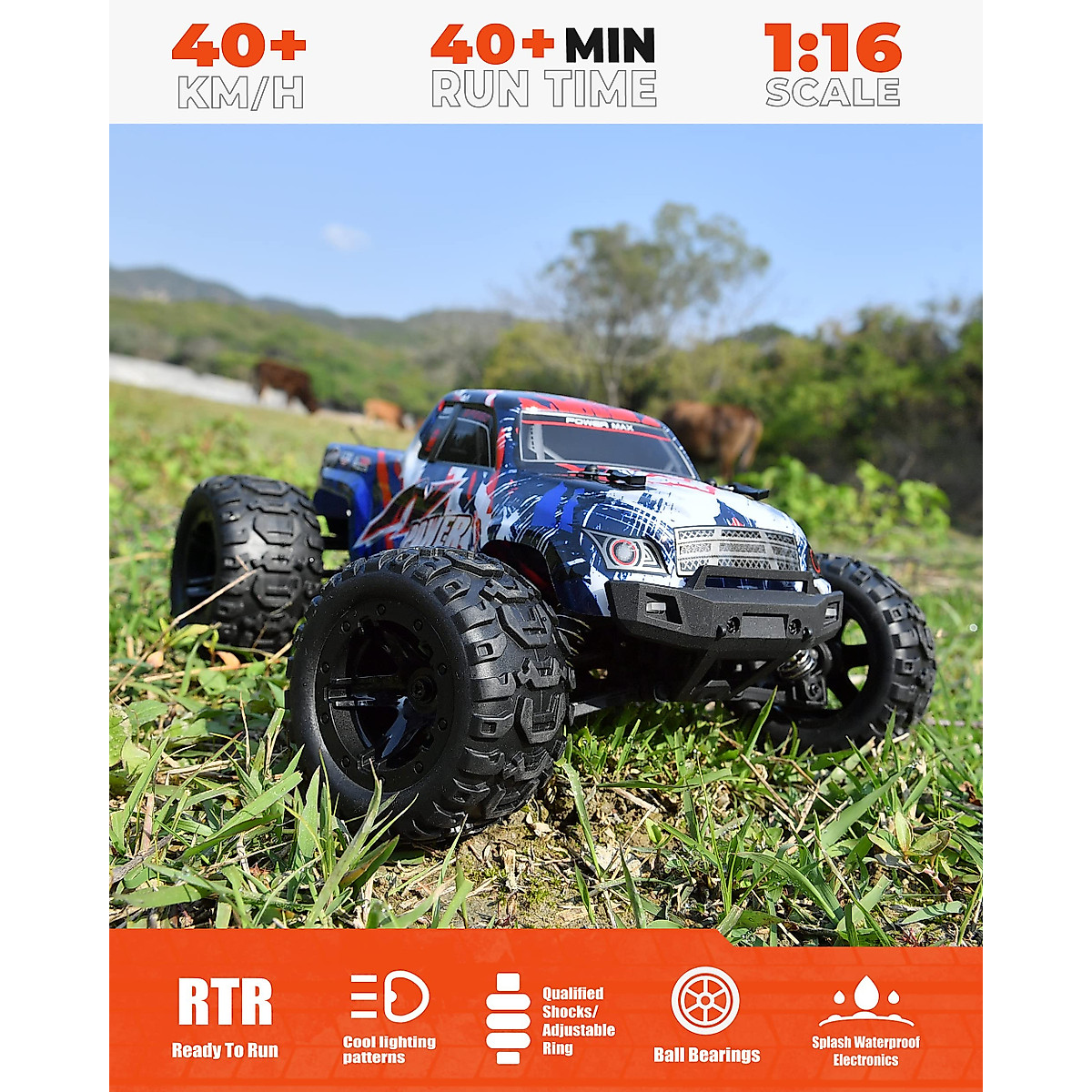 BEZGAR HM161 Hobby Grade 1:16 Scale Remote Control Truck, 4WD High Speed 40+ Kmh All Terrains Electric Toy Off Road RC Vehicle Car Crawler with 2 Rechargeable Batteries for Boys Kids and Adults