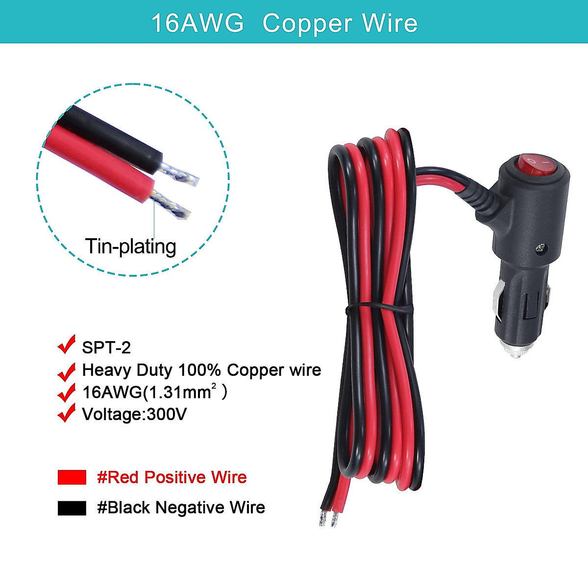 12V Cigarette Lighter Plug with On Off Switch - 6FT 16AWG Fused 15amp Male Plug Cigarette Lighter Replacement with Led Lights,12V Cigarette Lighter with Lead for Car Cooler,Cb Radio, Air Compressor