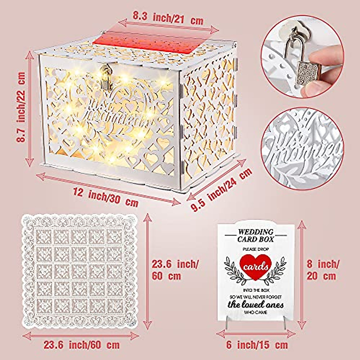 Wedding Card Box, Rustic Wooden Wedding Card Holder with 8 Modes String Light and Lace Table Mat, DIY Envelop Gift Money Card Container with Lock for Reception Decoration, Just Married (White)